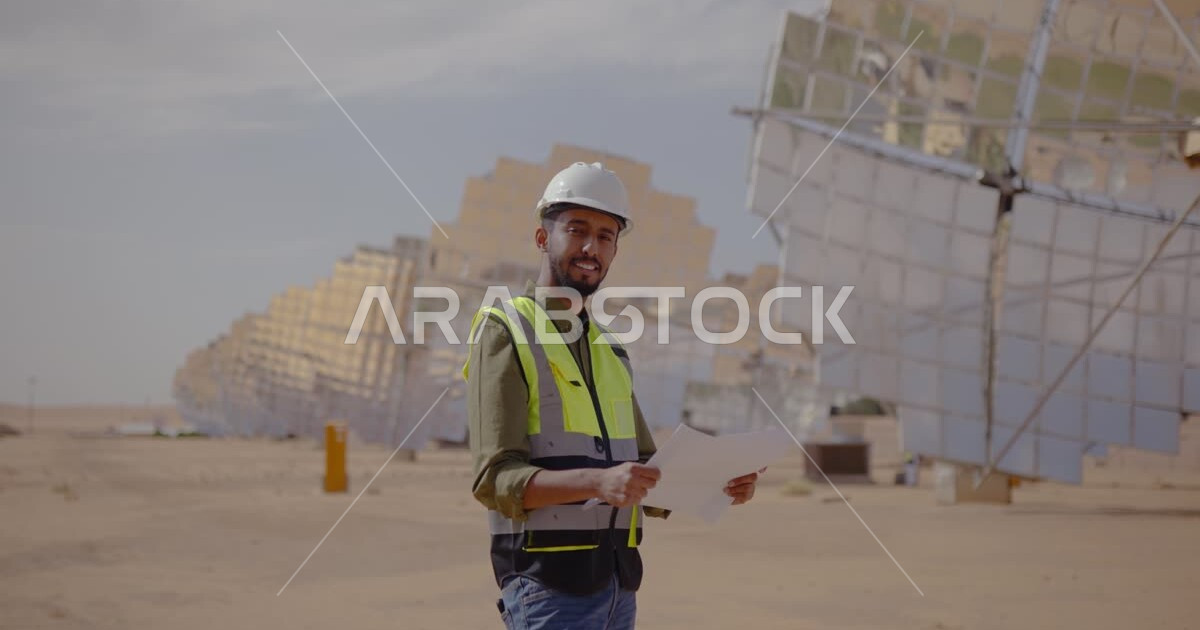 An Arab Gulf Saudi energy engineer holding a map in his hand and ...