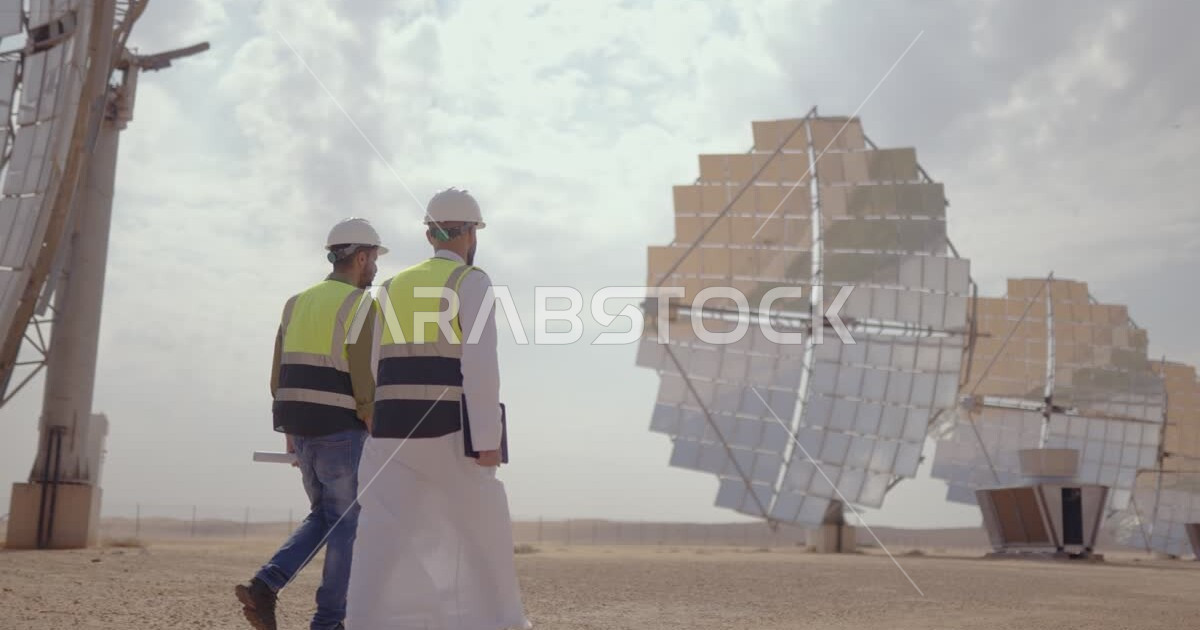 Two Saudi Arabian Gulf solar engineers supervising solar power plants ...
