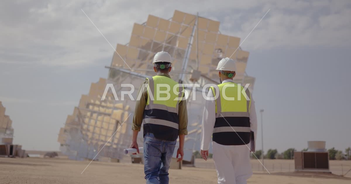 Two Saudi Arabian Gulf solar engineers supervising solar power plants ...