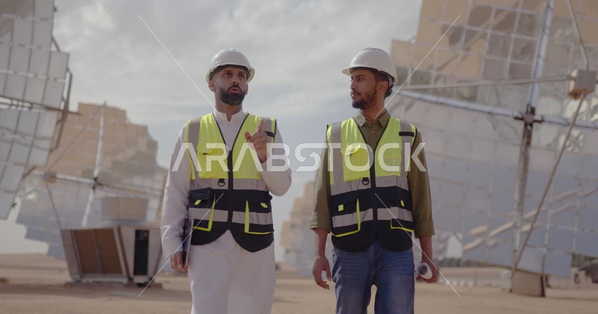 Two Saudi Arabian Gulf solar engineers supervising solar power plants ...