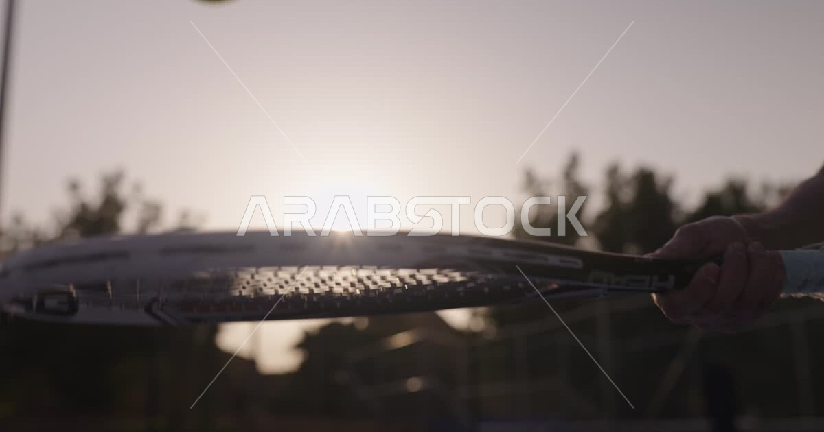 Close-up of bouncing a tennis ball on the racket, sports games, sports ...