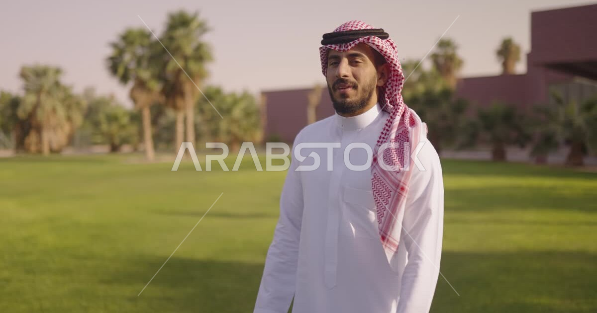 A Saudi Arab Gulf man in the open air, outdoor home garden, tourist ...