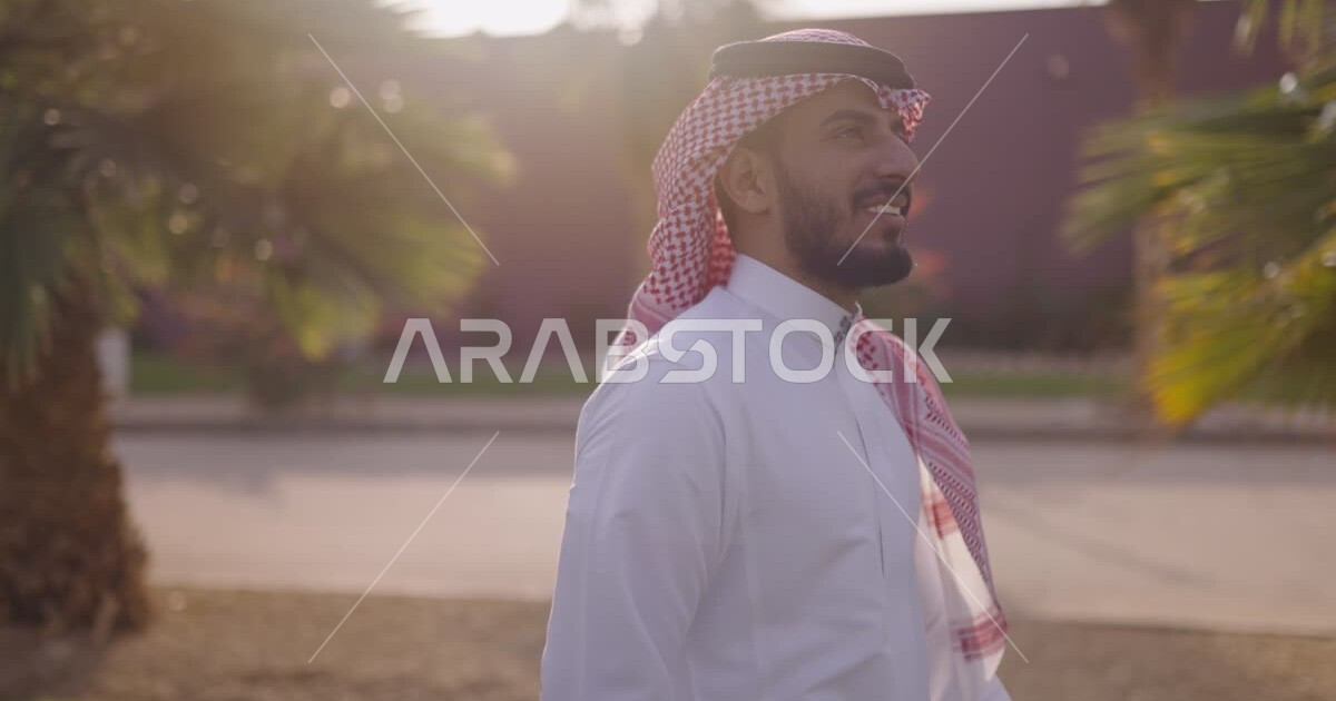 A Saudi Arab Gulf man in the open air, outdoor home garden, tourist ...