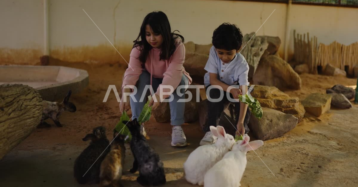 A Saudi Gulf Arab boy and girl in the zoo, safari in Riyadh, watching ...