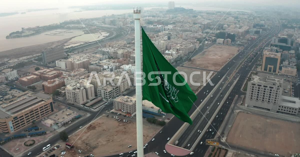 Drone photography of the Saudi flag pole in the city of Jeddah, Saudi ...