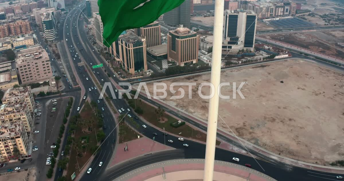 Drone photography of the Saudi flag pole in the city of Jeddah, Saudi ...