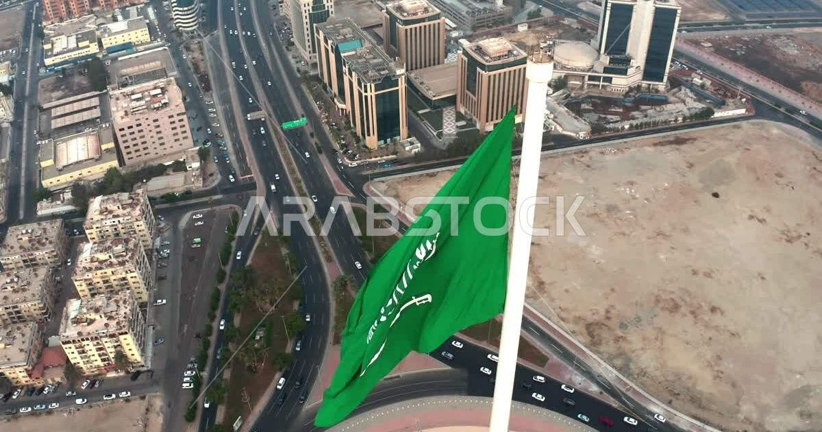 Drone photography of the Saudi flag pole in the city of Jeddah, Saudi ...