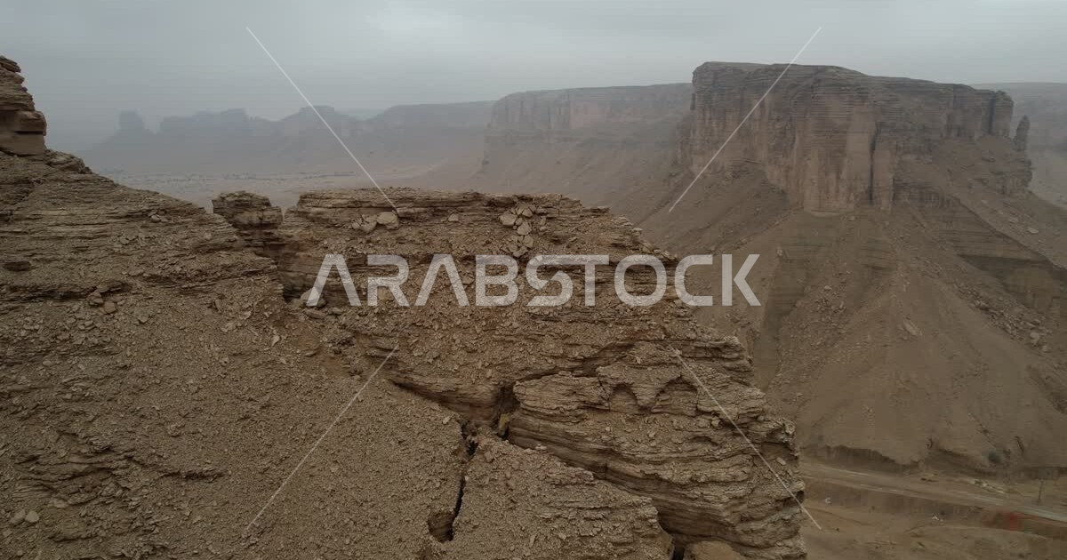 Drone photography of the Tuwaiq Mountains in Najd in the city of Riyadh ...