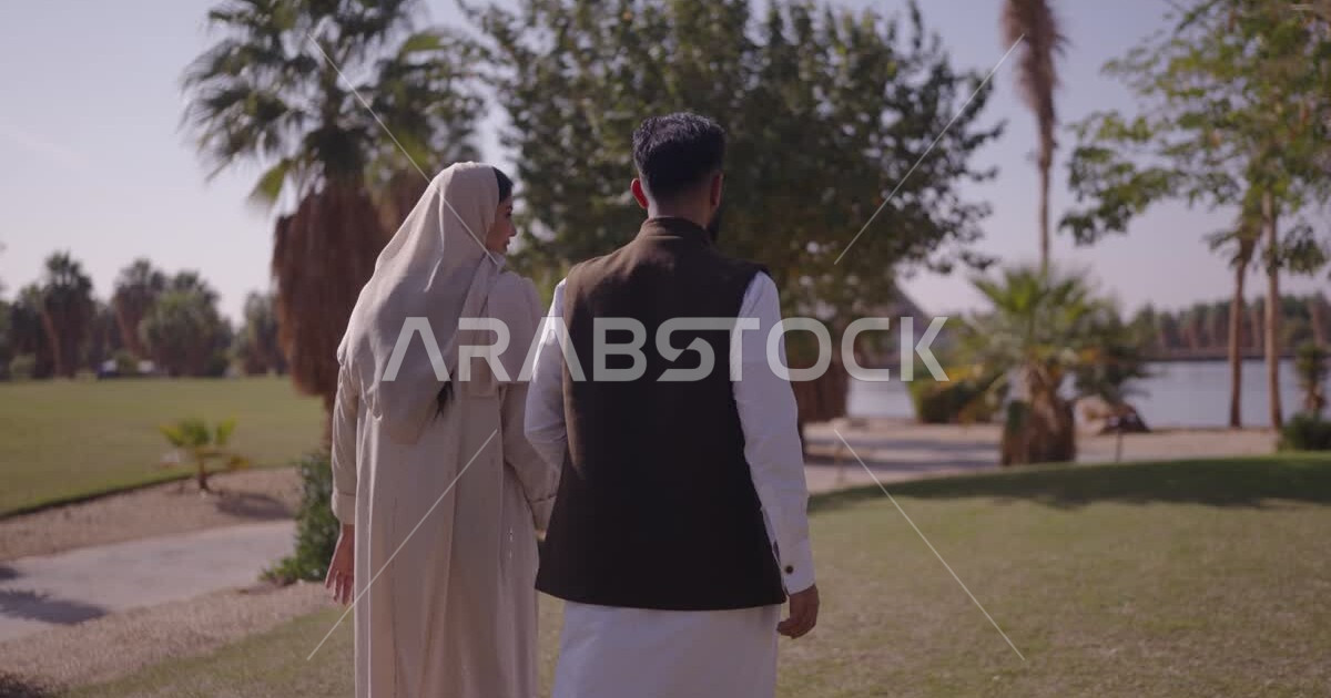 A Saudi Arabian Gulf couple in a recreational resort, leisure vacation ...