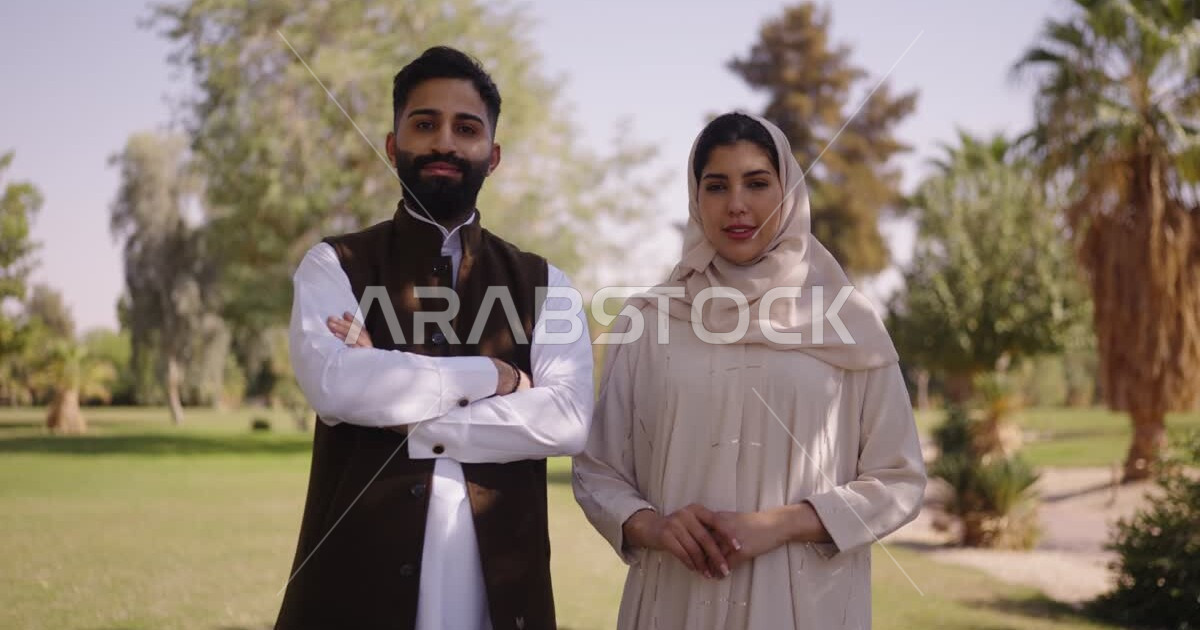 A Saudi Arabian Gulf couple in a recreational resort, leisure vacation ...