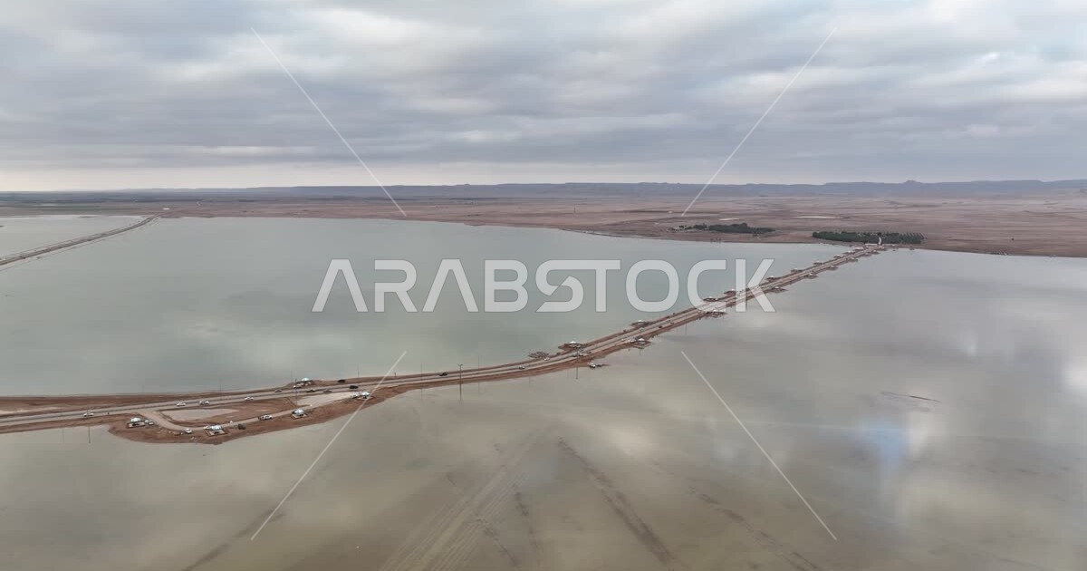 Drone photography of rain water in Rawdat Al-Arkashiyya in Al-Shaqra ...