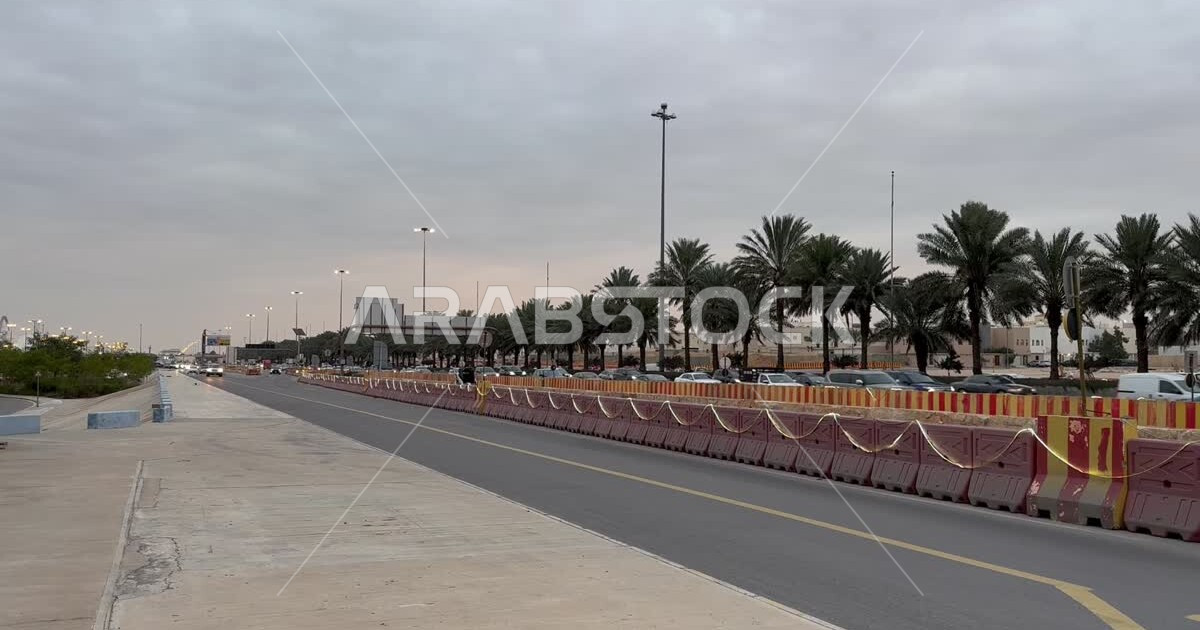 Traffic in the streets of Riyadh, Saudi Arabia, lighting poles, green ...