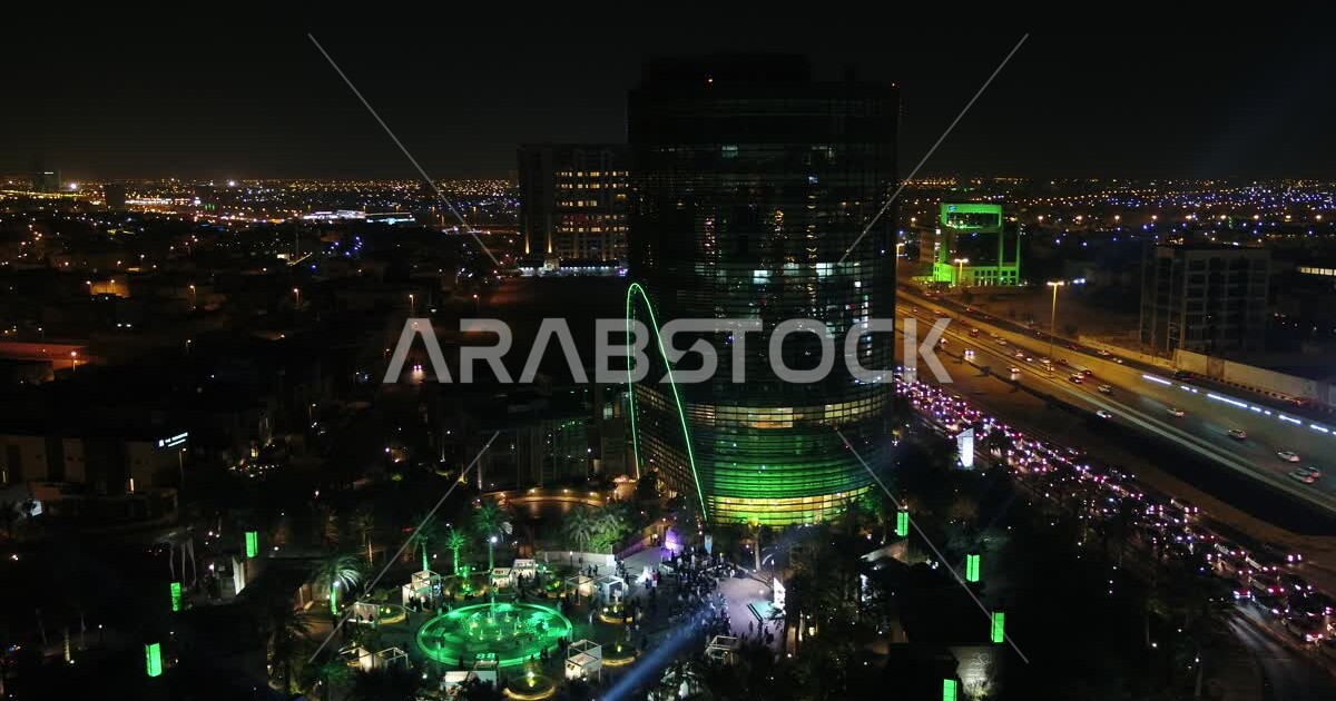 Drone photography of Al-Turki Tower in Dhahran, Saudi Arabia at night ...
