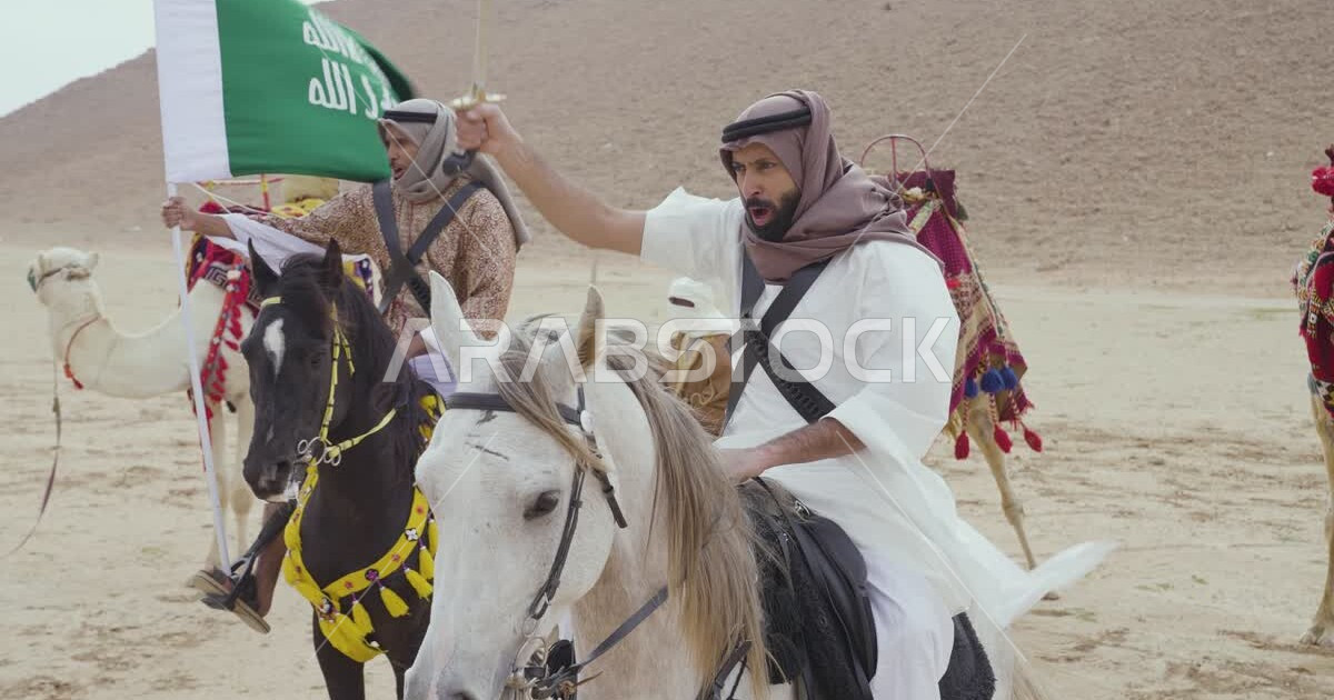 A group of Saudi Gulf Arab knights riding purebred Arabian horses in ...