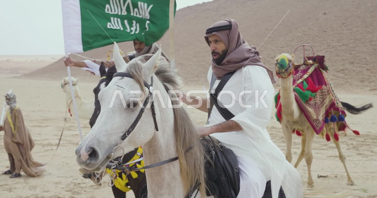 A group of Saudi Gulf Arab knights riding purebred Arabian horses in ...