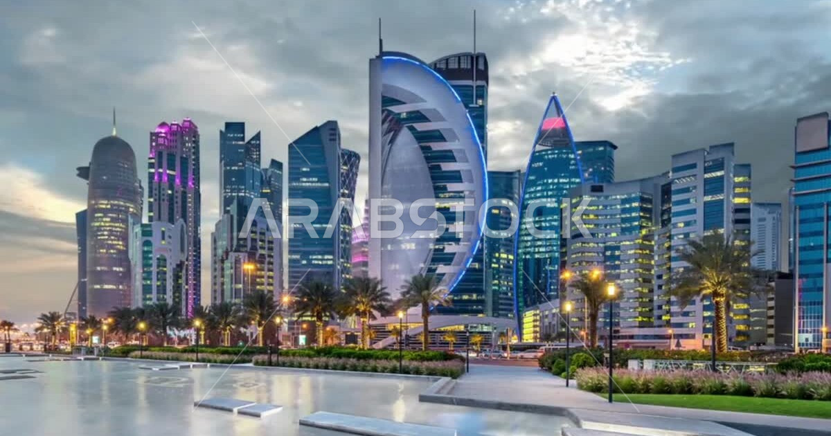 Towers and skyscrapers in Doha, Qatar, movement of clouds in the sky ...