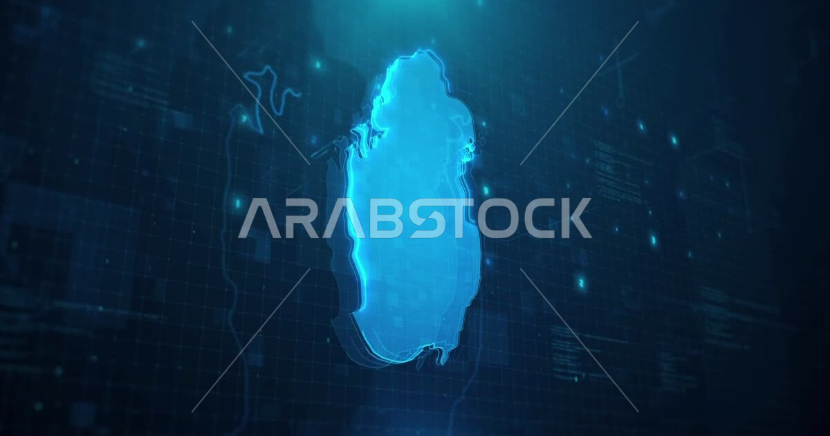 Digital map of the State of Qatar, bright blue flashing, digital map ...