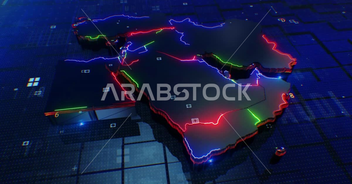 Middle East map, technological development, luminous flash, Middle East ...