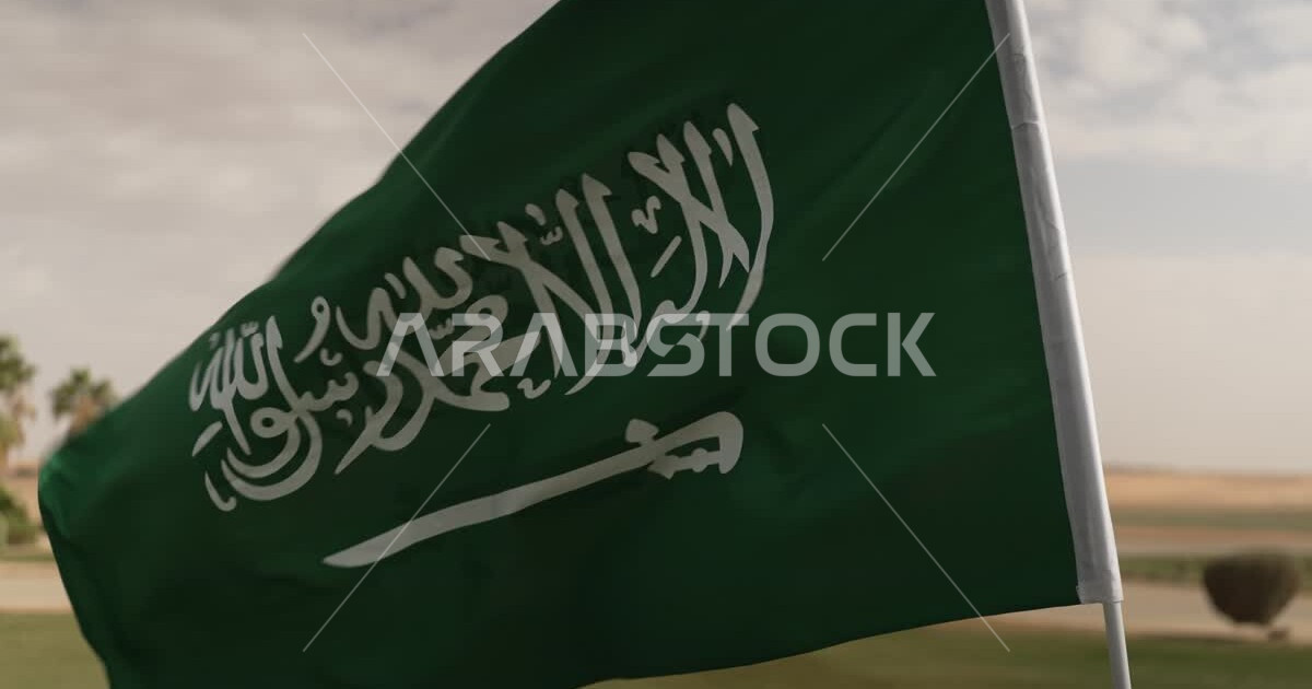 Close-up of the flag of Saudi Arabia fluttering in the sky, nature ...