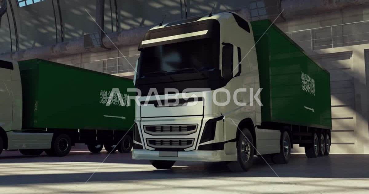 Goods transport trucks, logistics services, Saudi flag, cargo warehouse ...