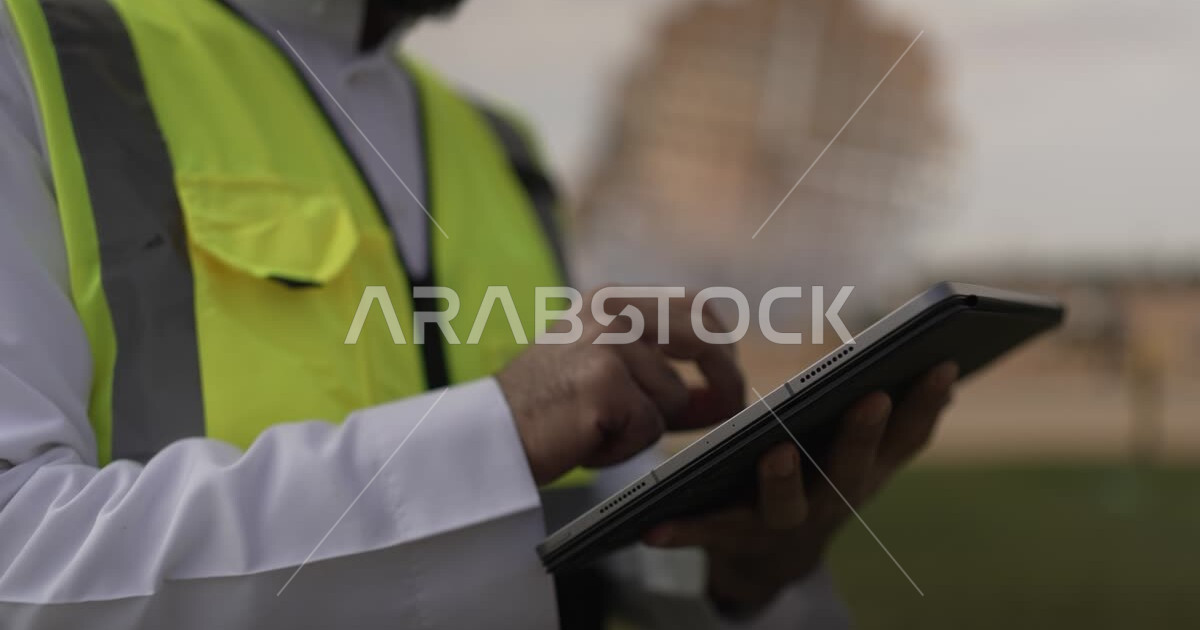 An Arab Gulf Saudi solar energy engineer wearing a helmet and a ...