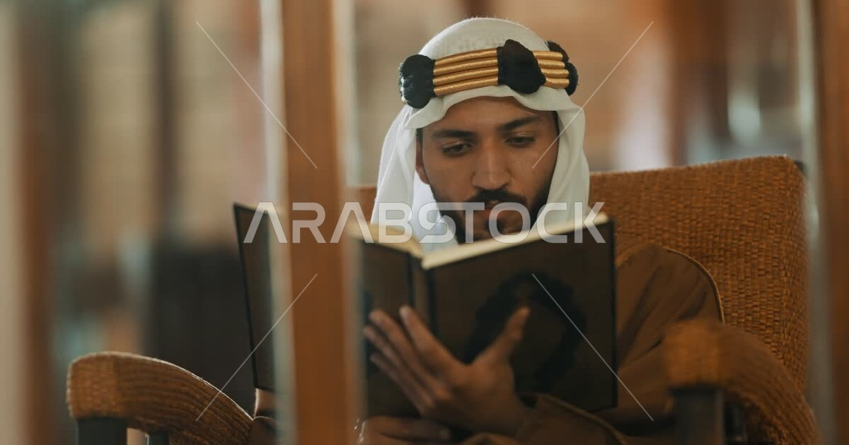 Close-up depiction of a Saudi Arabian Gulf man wearing a Saudi folklore ...