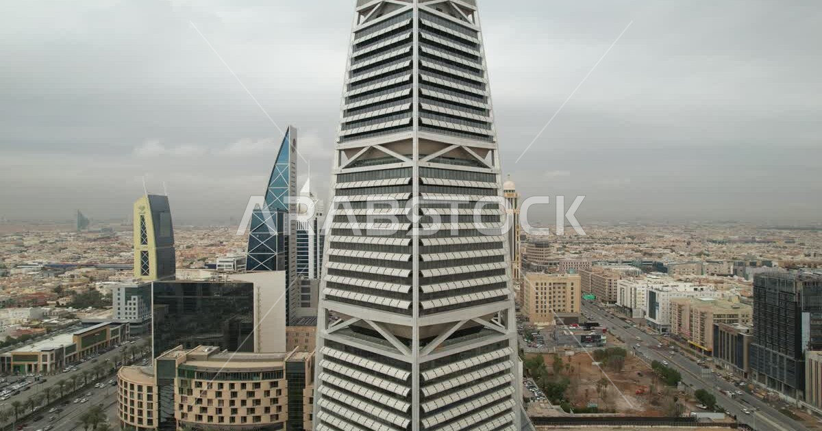 Drone photography of the Al Faisaliah Tower in the city of Riyadh in ...