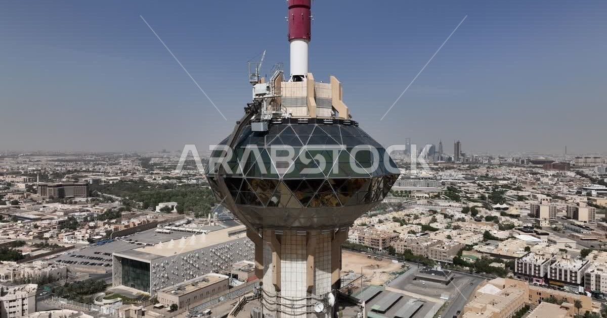 Drone photography from above of the TV tower in Riyadh, Saudi Arabia ...