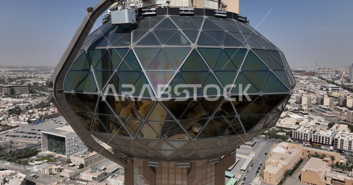 Drone photography from above of the TV tower in Riyadh, Saudi Arabia ...