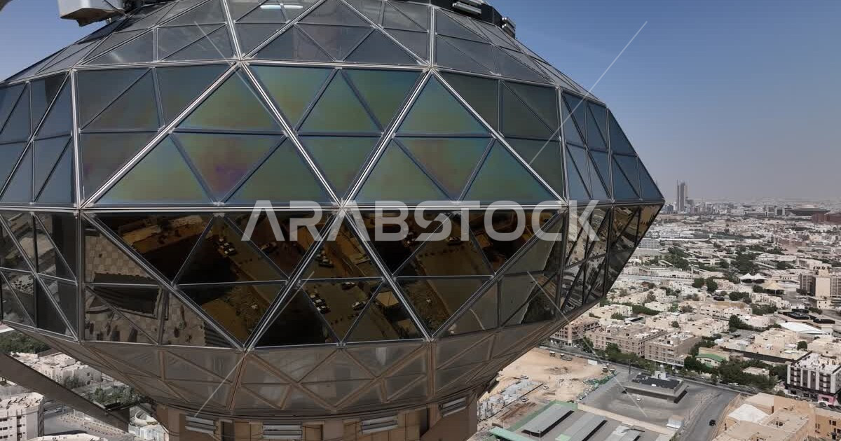 Drone photography from above of the TV tower in Riyadh, Saudi Arabia ...