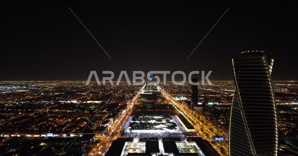 Drone photography of the city of Riyadh at night, the towers and ...