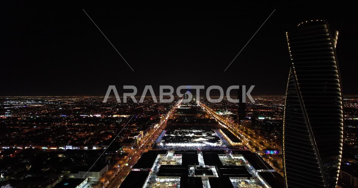 Drone photography of the city of Riyadh at night, the towers and ...