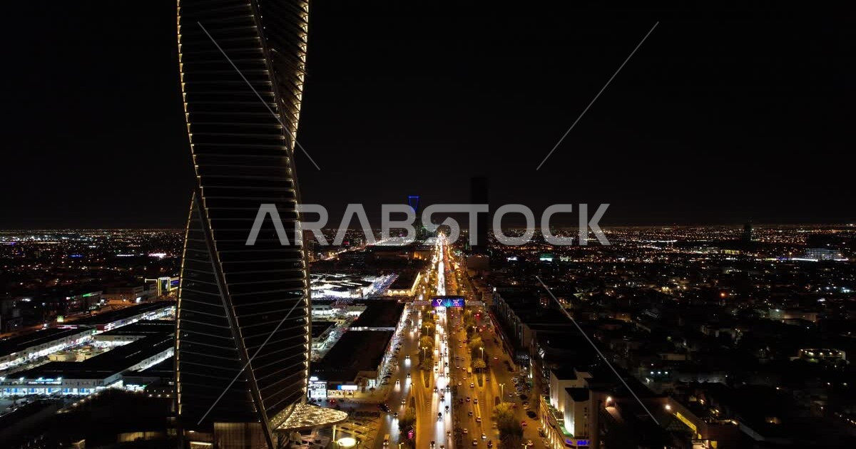 Drone photography of the city of Riyadh at night, the towers and ...