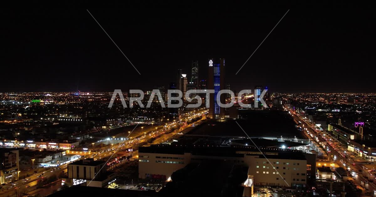 Drone photography of the city of Riyadh at night, towers and ...