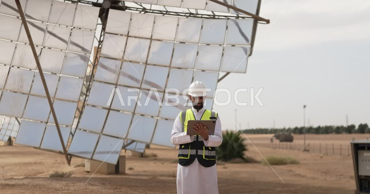A Saudi Arabian Gulf engineer, wearing a helmet and a protection jacket ...