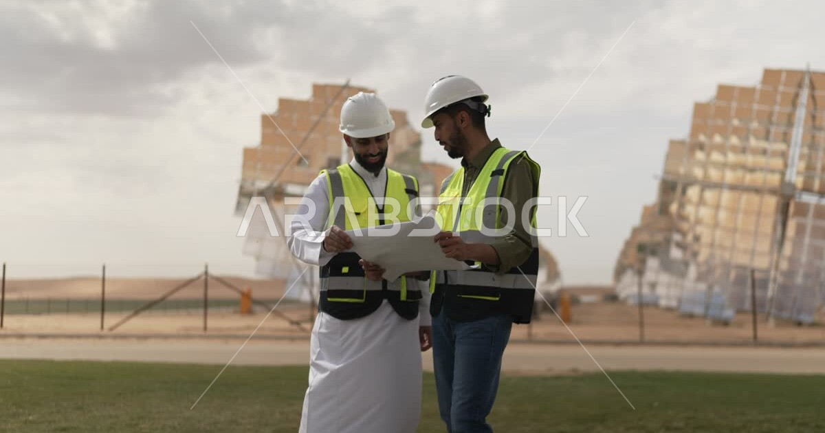Two Saudi Arabian Gulf engineers, wearing a helmet and a protective ...