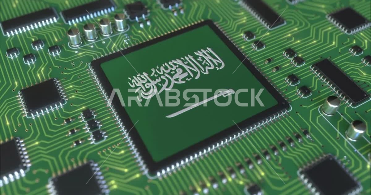 The flag of the Kingdom of Saudi Arabia on an electronic operating chip ...