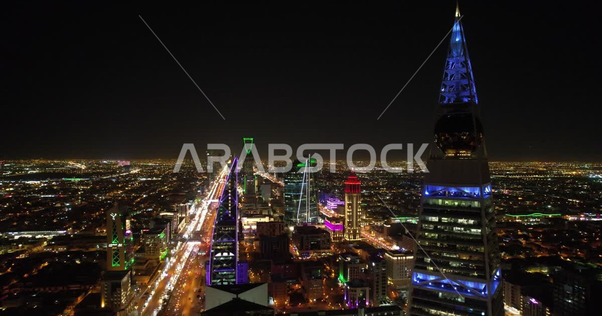 A snapshot of the city of Riyadh at night, the towers and skyscrapers ...