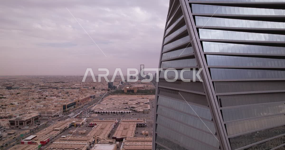 Drone close-up of the Majdoul Tower in Riyadh, Saudi Arabia, the ...