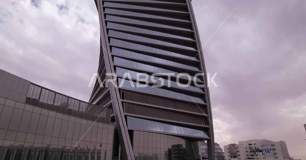 Drone close-up of the Majdoul Tower in Riyadh, Saudi Arabia, the ...