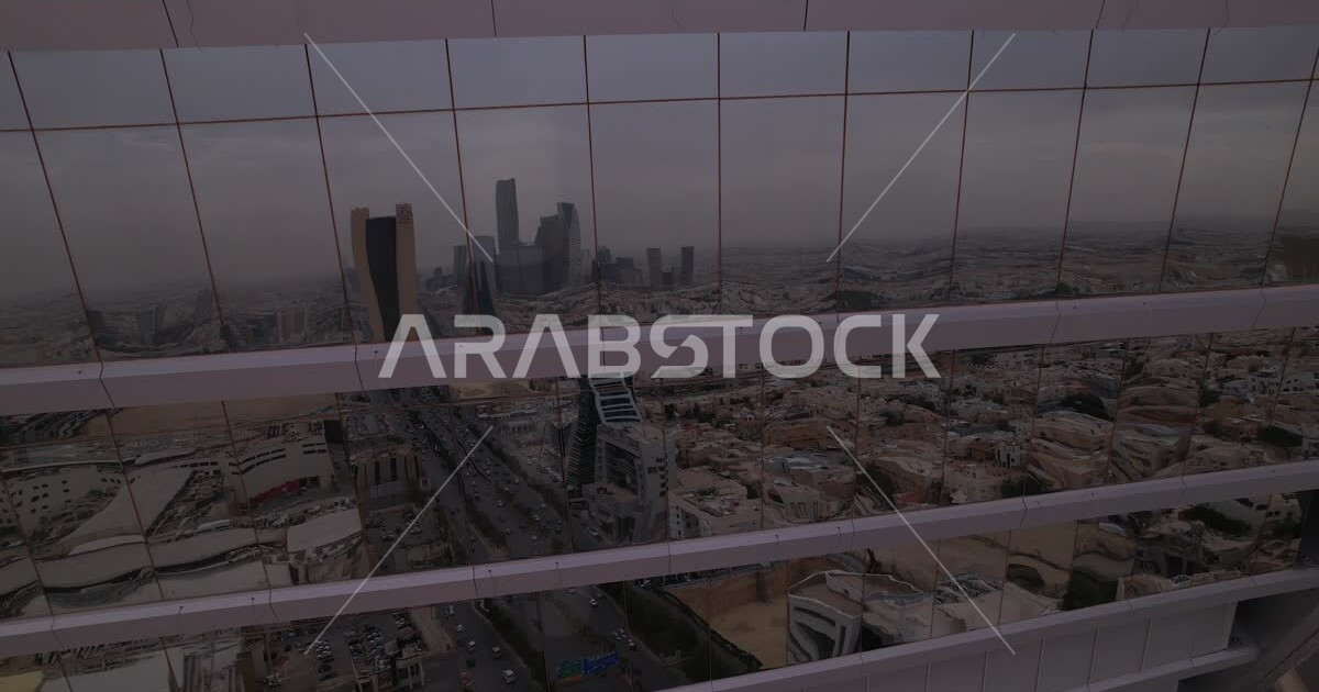 Drone close-up of the Majdoul Tower in Riyadh, Saudi Arabia, the crooked tower located on King ...
