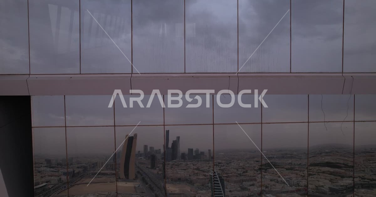 Drone close-up of the Majdoul Tower in Riyadh, Saudi Arabia, the crooked tower located on King ...