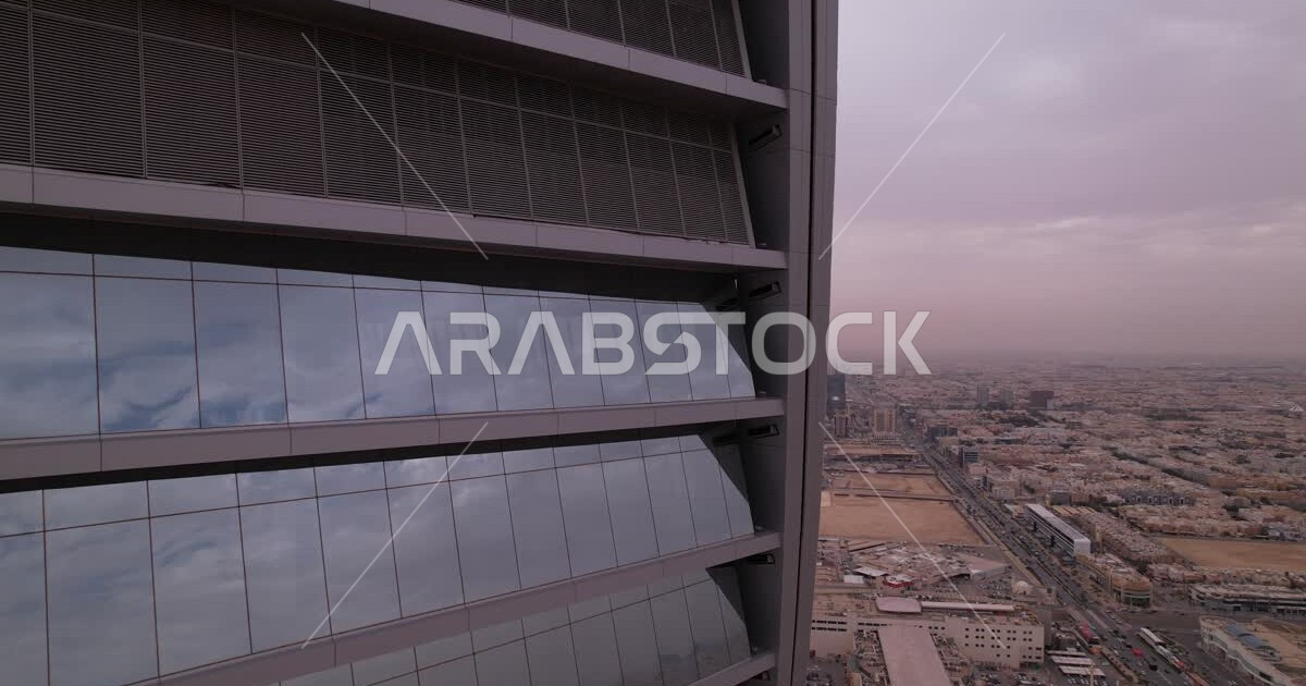 Drone close-up of the Majdoul Tower in Riyadh, Saudi Arabia, the ...
