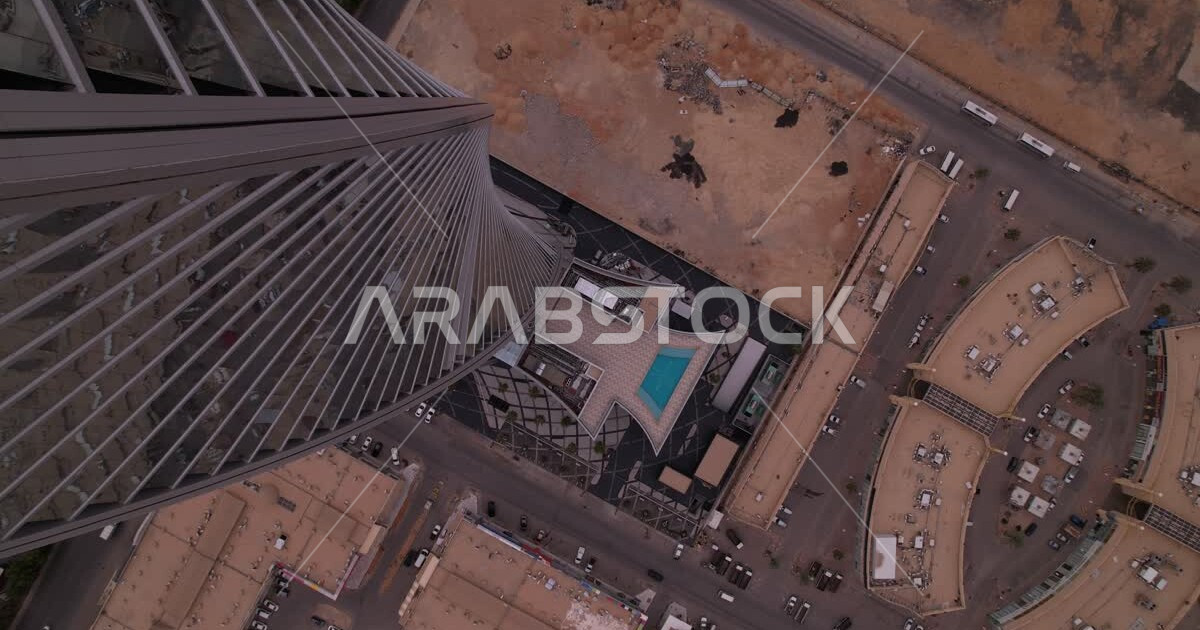 Drone close-up of the Majdoul Tower in Riyadh, Saudi Arabia, the crooked tower located on King ...