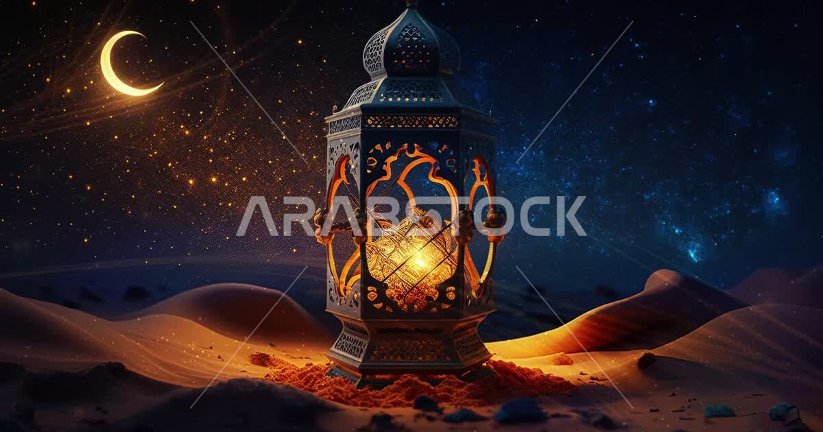 A traditional metal Arab lantern in the desert nature on the soft ...