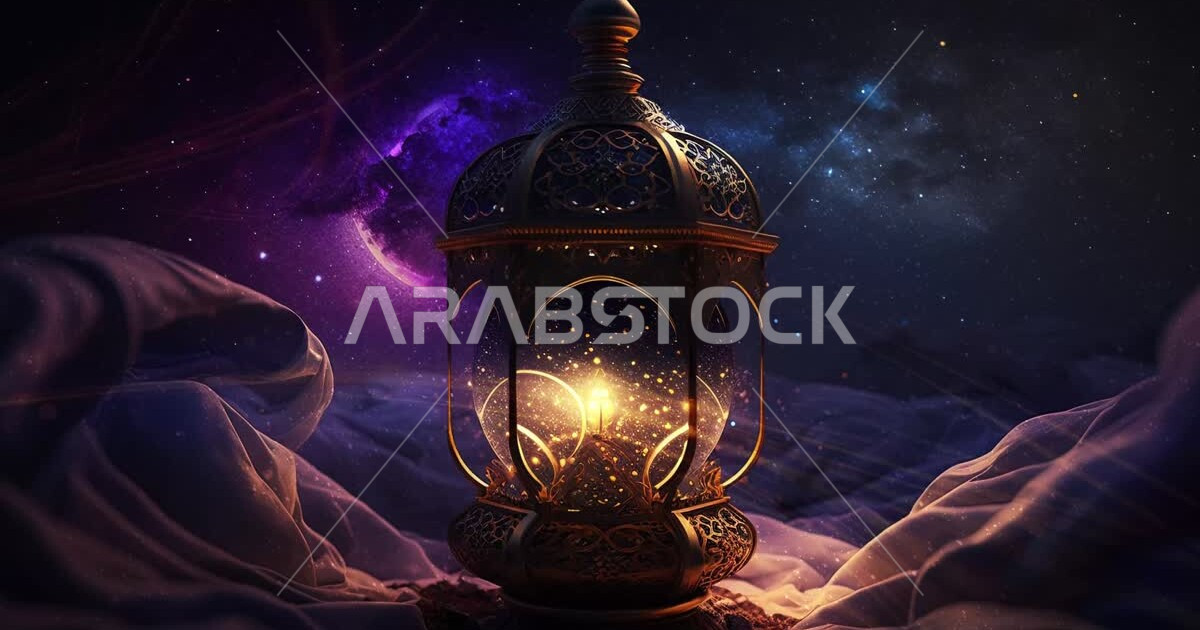 A traditional metal Arab lantern in the desert nature on the soft ...