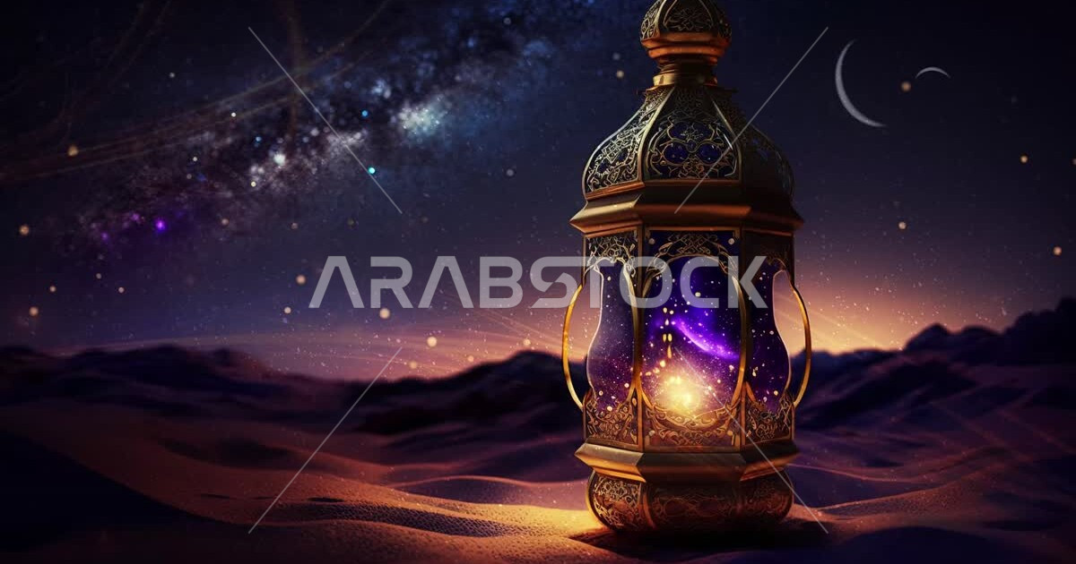 A traditional metal Arab lantern in the desert nature on the soft ...