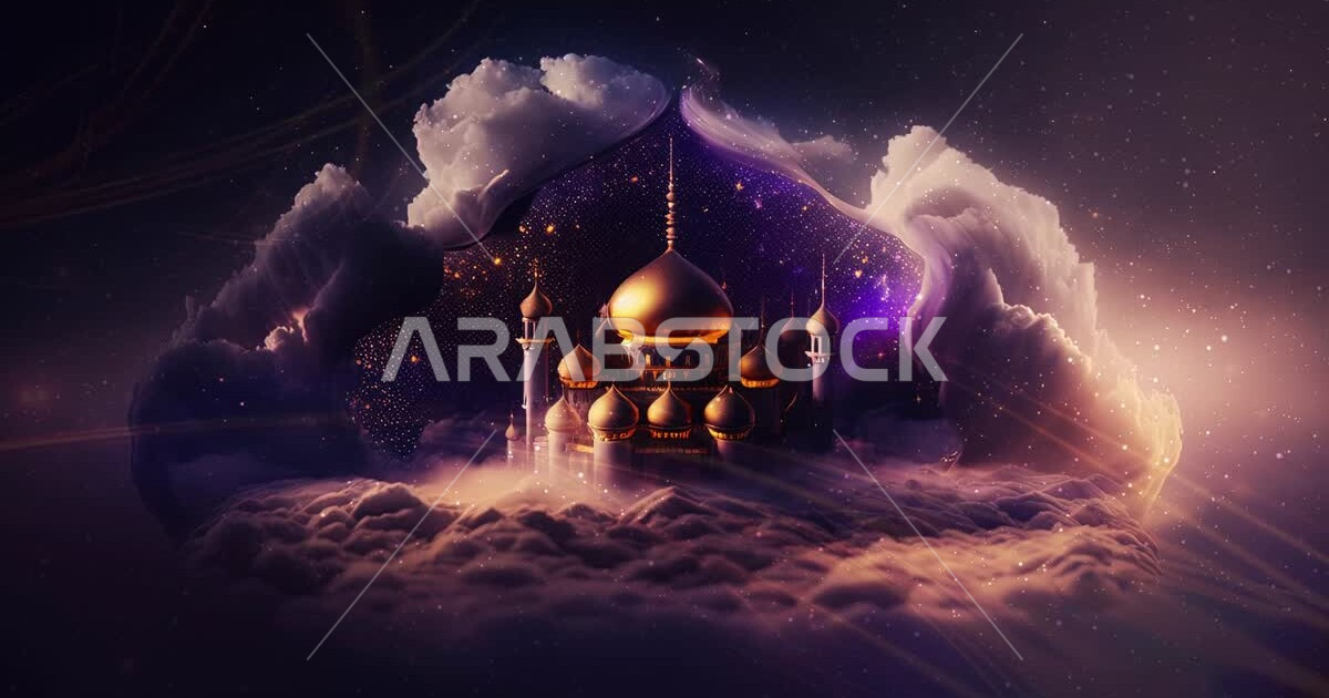 Mosque with creative designs, sky full of bright stars, religious ...