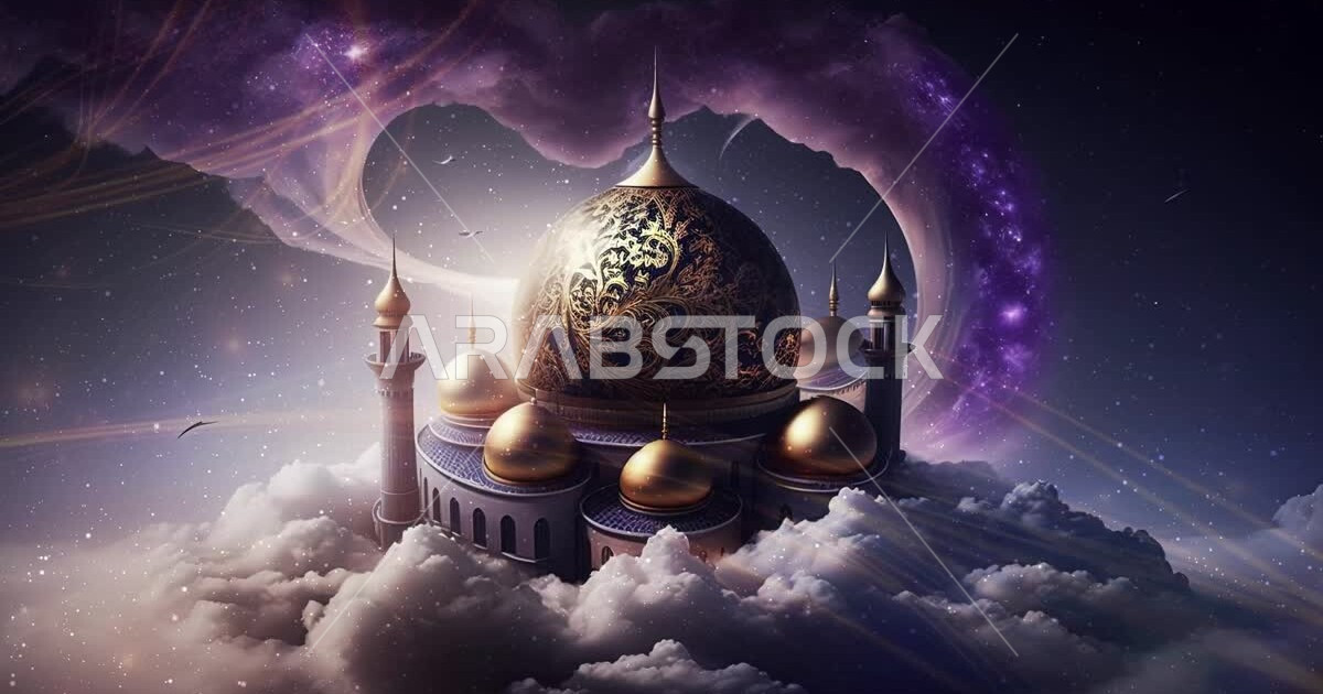 Mosque with creative designs, sky full of bright stars, religious ...