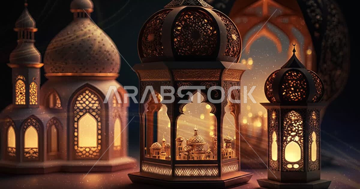 Traditional multi-shaped metal lanterns, Islamic decorations, Ramadan ...